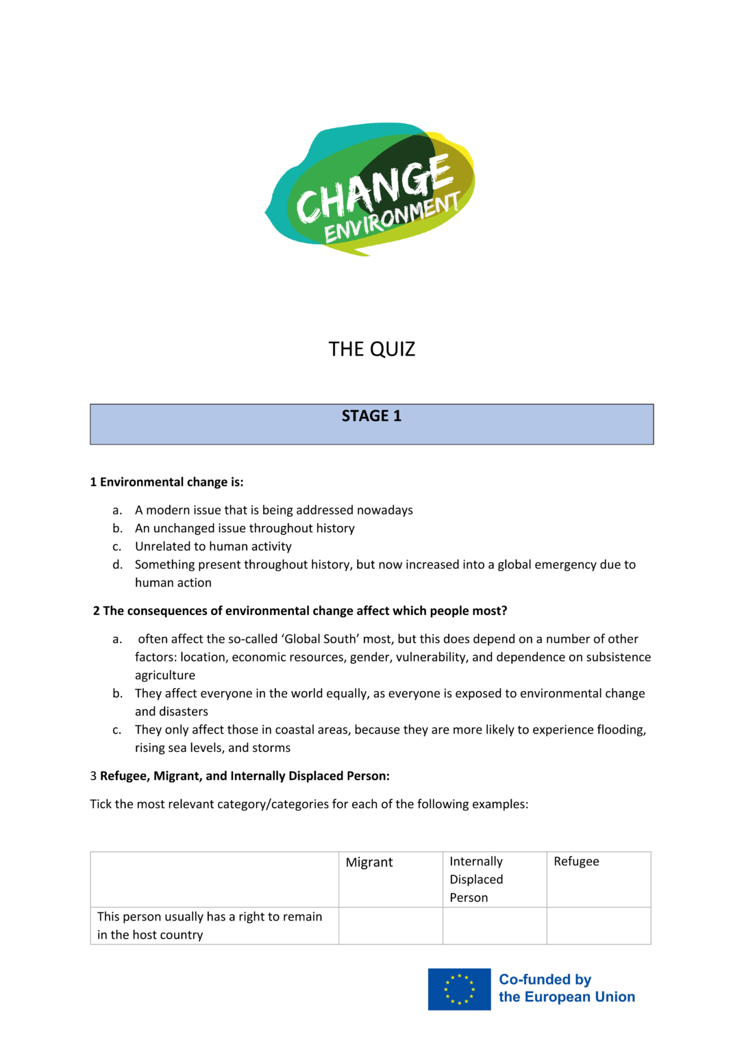 CHANGE Environment Quiz (Student’s edition) – Change